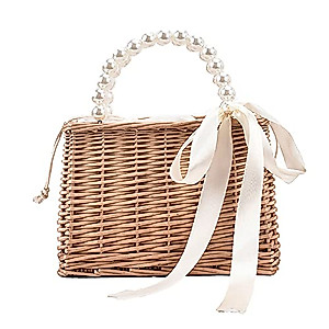 Fashion Straw Bags for Women Beach Rattan Woven Tote Handbags Ladies Summer Top-handle Bags Wicker Purse with Pearl Ornaments (B)