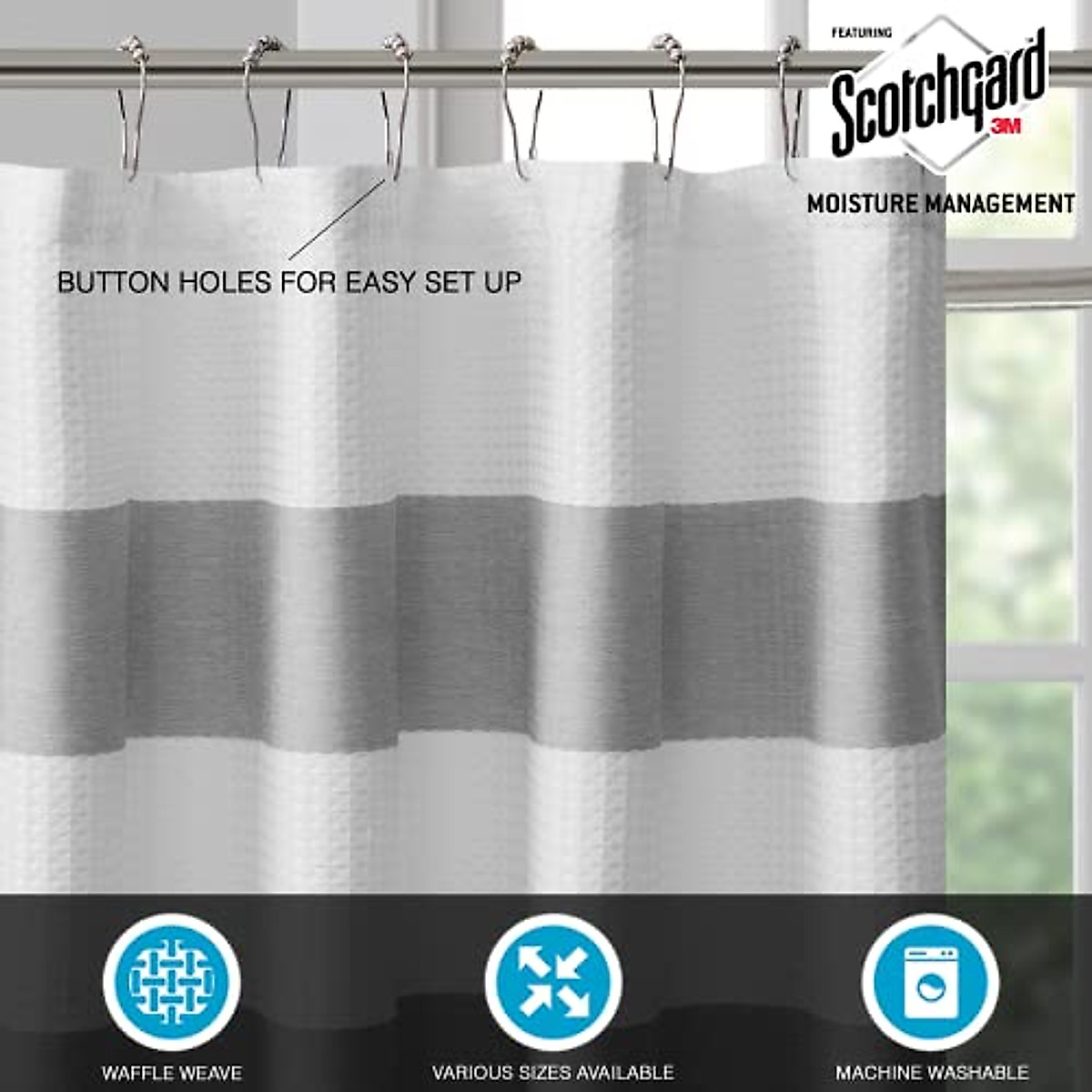 Madison Park Shower Curtain, Waffle Weave, Pieced Design Fabric Shower Curtain with 3M Scotchgard Moisture Management, Premium Spa Quality Modern Shower Curtains for Bathroom, Stall 54"x78" Grey