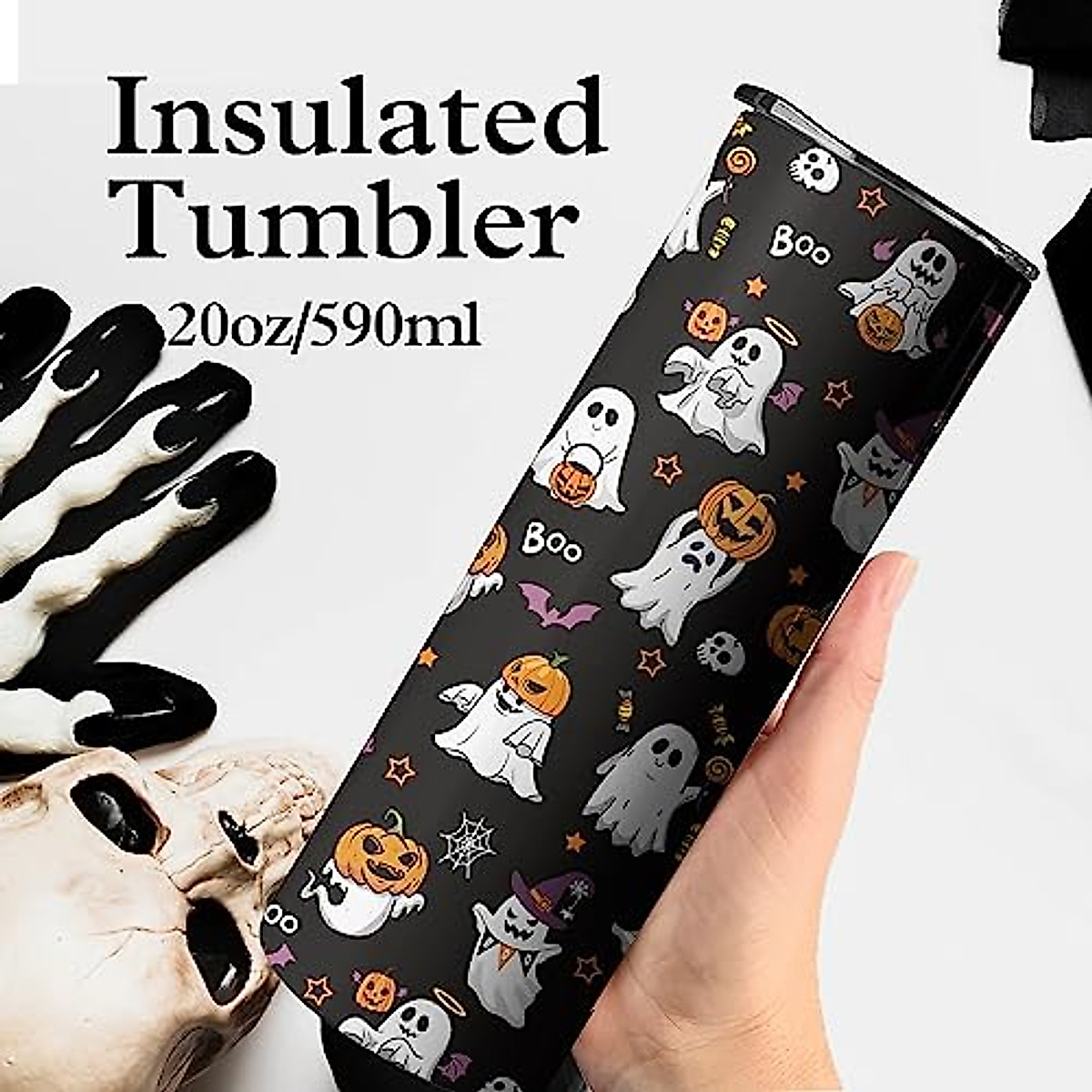 Ceovfoi Halloween Tumbler with Lid and Straw Ghost Boo Witch Ghost Pumpkin Coffee Travel Mug Cup,Witch Goth Decor Halloween Gifts For Women