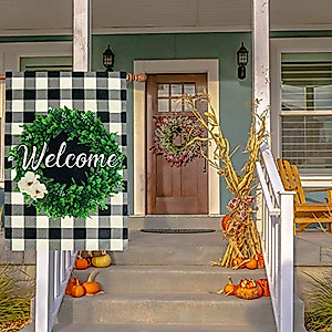 Unves Boxwood Wreath Welcome Spring Flag 28 x 40 Double Sided, Burlap Buffalo Check Plaid Winter House Flags Rustic Farmhouse Spring Winter Yard Garden Decor, Large Welcome Flag