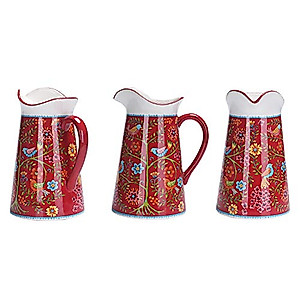 Bico Red Spring Bird Ceramic 2.5 Quarts Pitcher with Handle, Decorative Vase for Flower Arrangements, Dishwasher Safe