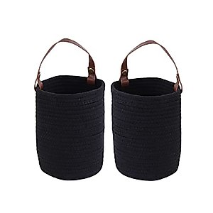 JJSQYLAN Hanging Basket(2Piece) Wall Woven Cotton Rope Storage Basket with Leather Decorative Baskets Organizer for Kitchen Office Bedroom,Plants,Towels, Toys