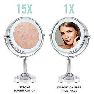 Danielle Creations Professional-Grade Double-Sided L.E.D. Vanity Mirror with Strong 15X Magnification, 360-Degree Rotation, Ultra-Vue Distortion-Free True Image Reflection, Silver Chrome Finish