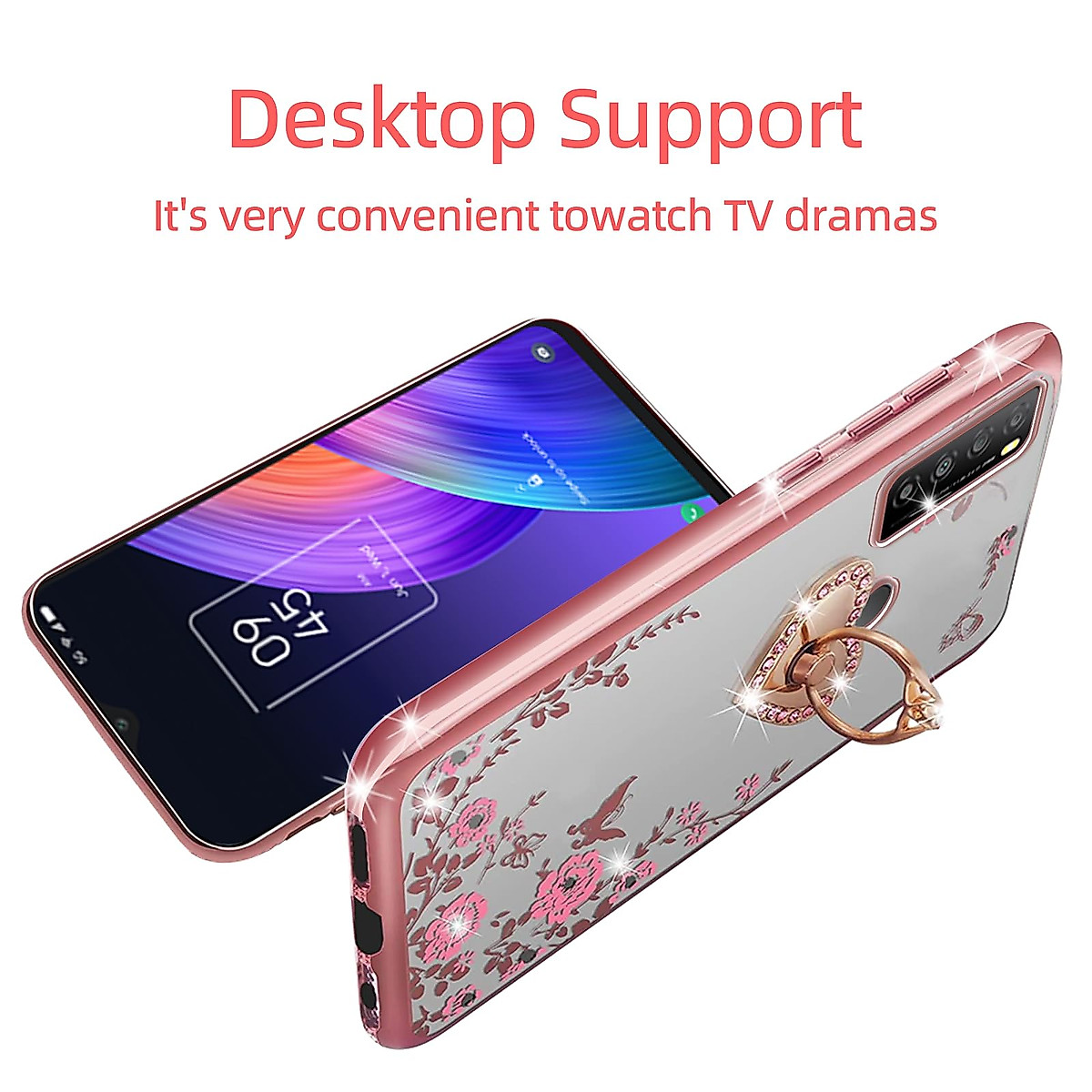 KuDiNi for TCL 30 XL Phone Case, 30XL T701DL Case for Women Glitter Crystal Soft Bling Butterfly Heart Floral Clear Protective Cover with Kickstand+Strap for TCL 30 XL 30XL (Rose Gold)