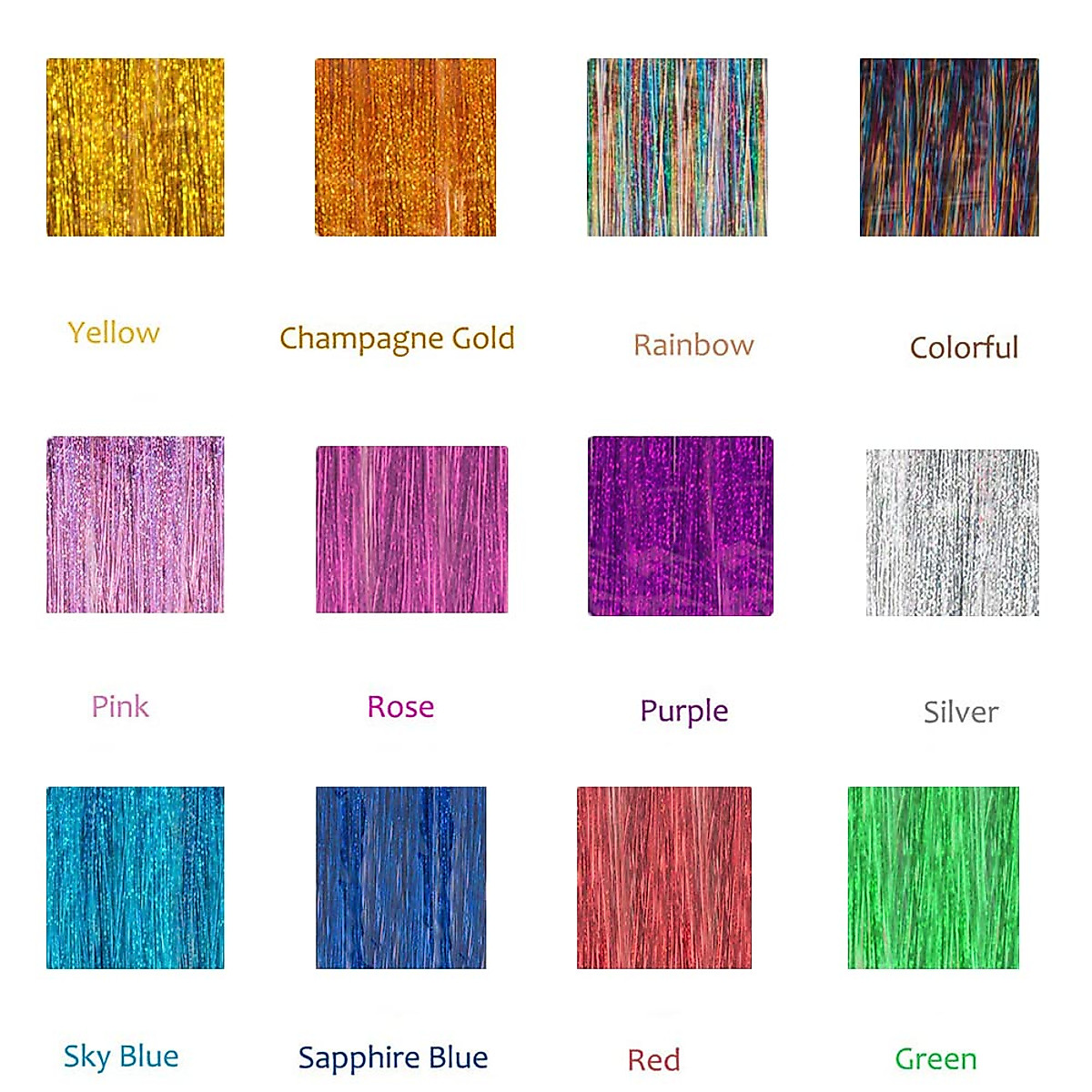 Hair Tinsel Kit with Tool 12 Colors 3000 Strands Hair Tinsel Kit Shiny Fairy Hair Tinsel Extensions Colord Party Highlights Glitter Hair Extensions Multi-Colors Hair Tinsel Kit (12 Colors, 45")