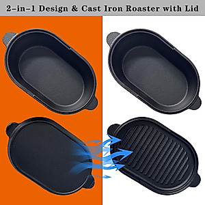 BOLVOUD Cast Iron Roaster with Skillet Lid, Pre-Seasoned Cast-Iron Garlic Roaster & Baker for Oven, Grill, Stove, Outdoor BBQ, Heavy Duty Cast Iron Cookware for Potato, Steaks, Bread