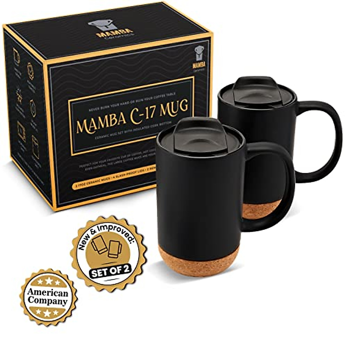 Cork Base Ceramic Mug with Lid (Set of 2) - 17 oz. Oversized Coffee Mugs Set with Removable Insulated Cork Bottom & Spillproof Lids - Great for Tea & Hot Cocoa - Wash in Dishwasher - BLACK