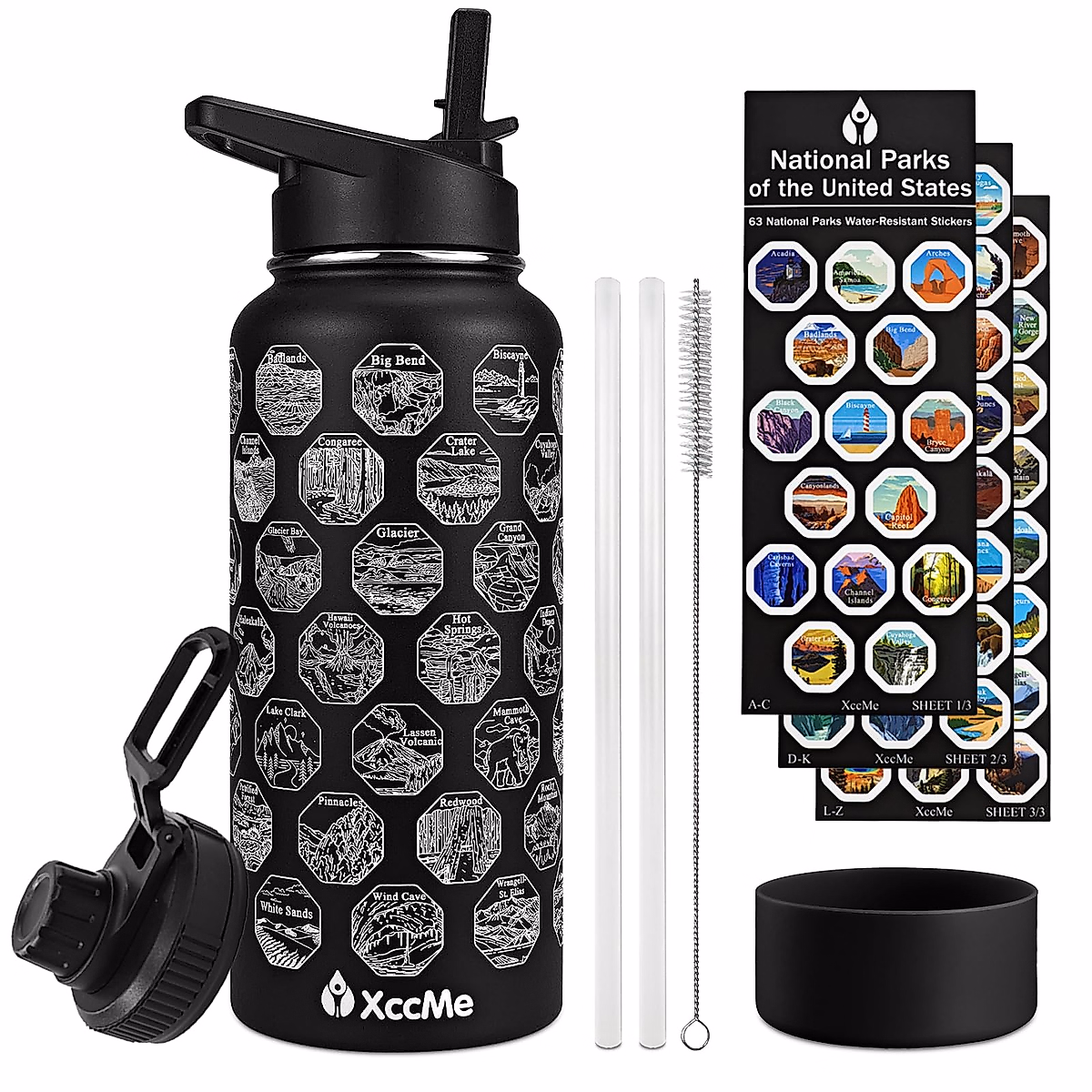 XccMe National Parks Water Bottle with Stickers,32 oz Insulated Stainless Steel Water Bottle with 2 Lids,Straws,Silicone Boot,Waterproof Stickers,Travel Vacuum Sealed Water Bottle,Leak Proof (Black)