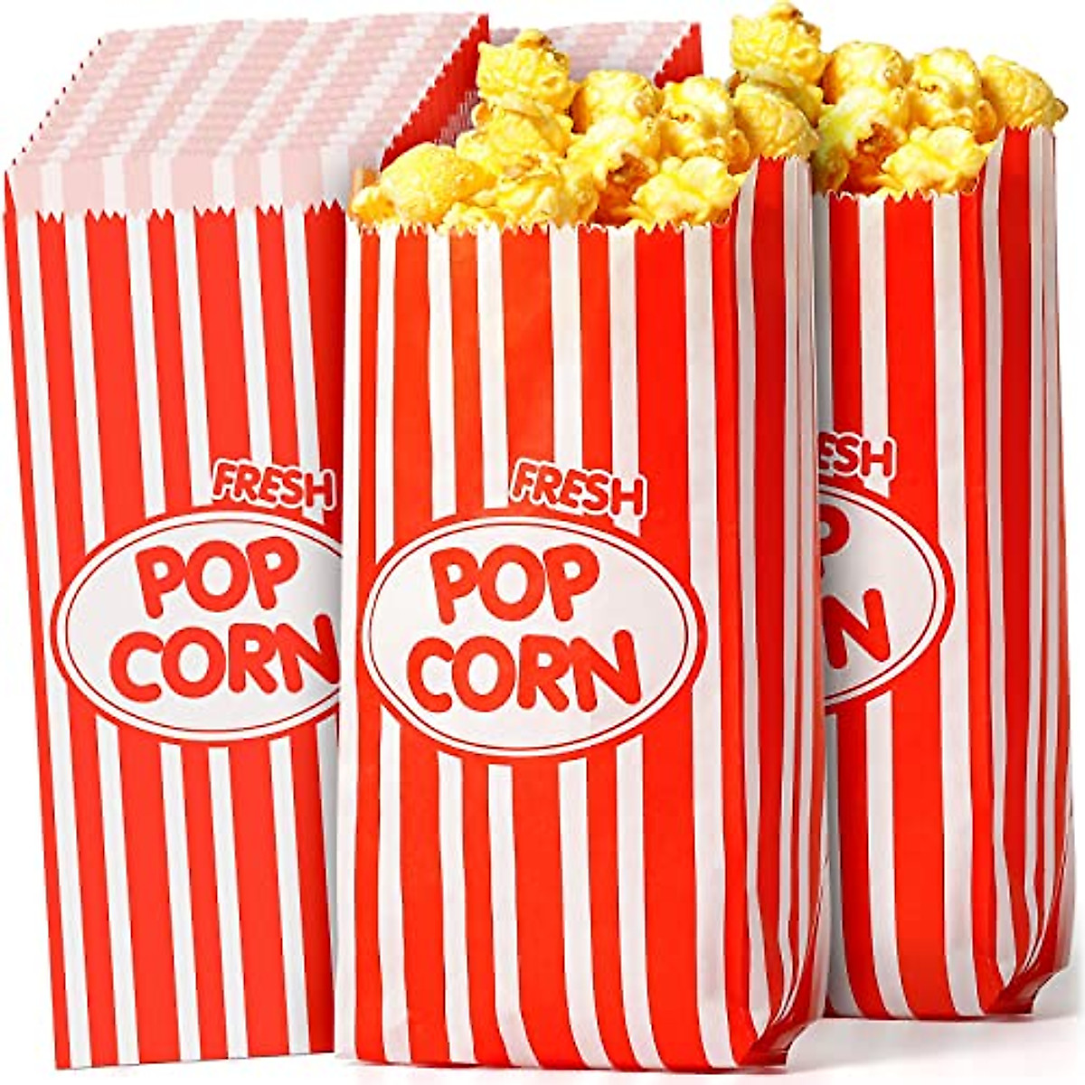 500 Pcs Paper Popcorn Holders, 1 oz Red and White Striped Popcorn Bags Flat Bottom Popcorn Supplies for Carnival Baseball Party Movie Theater Concession Stands Snack Bar, 3.54 x 2.36 x 8.27 Inches
