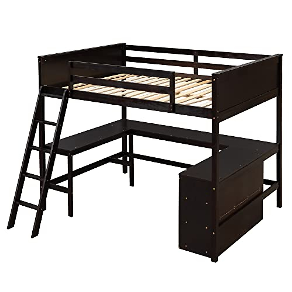 BOVZA Full Size Loft Bed with Desk and Shelves, Wooden Full Loft Bed Frame with Safety Guardrails for Kids Teens Adults, Espresso