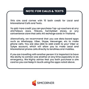 SimCorner Thailand Travel SIM Card (35GB, 15 Days) - AIS SIM for Tourists w/Free AIS WiFi & Prepaid Talktime - 3-in-1 4G Hotspot Card: Standard, Micro, Nano SIM for Unlocked Phones