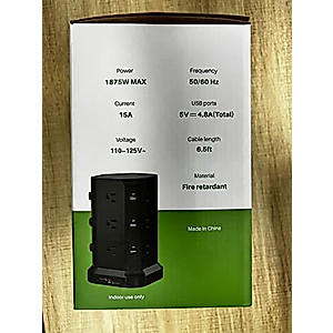 Power Strip Tower by KOOSLA, [15A 1500J] Surge Protector - 12 AC Multiple Outlets & 6 USB Ports, Flat Plug 14 AWG Heavy-Duty Extension Cord 6.5ft, Home Office Supplies, Dorm Room Essentials Black