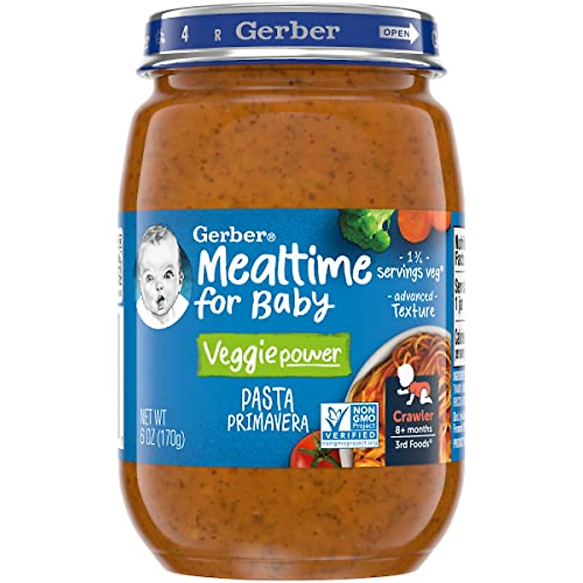 Gerber 3rd Foods Mealtime for Baby Veggie Power Baby Food Jar, Pasta Primavera, Non-GMO Project Verified Baby Food for Crawlers, 6-Ounce Glass Jar (Pack of 12)