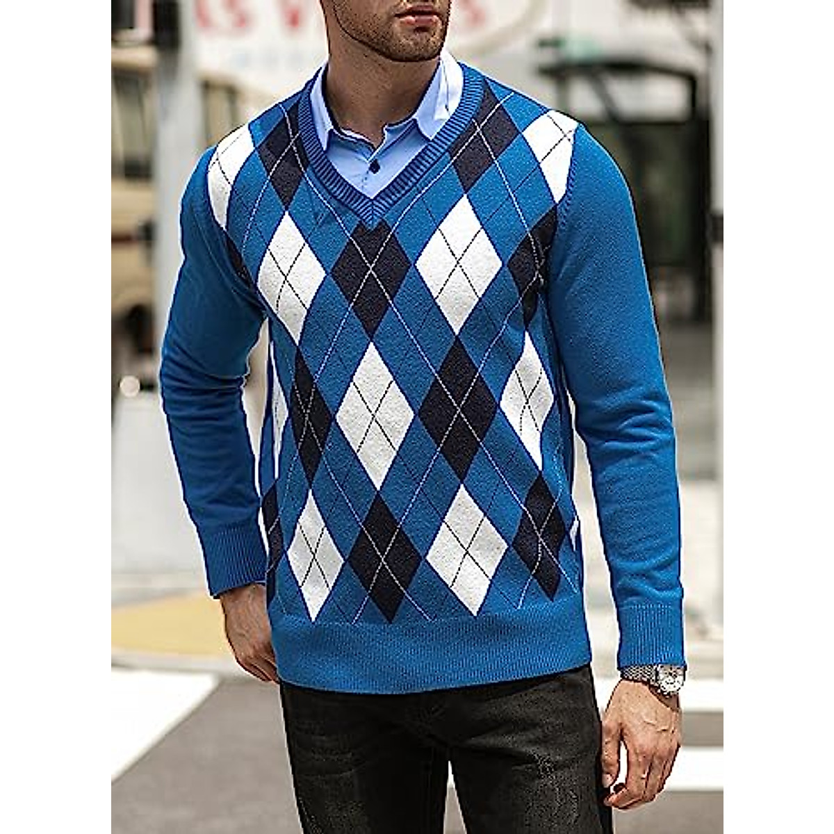 JMIERR Mens Pullover Knitted V Neck Long Sleeve Argyle Sweater, US 43(L), Sky Blue
