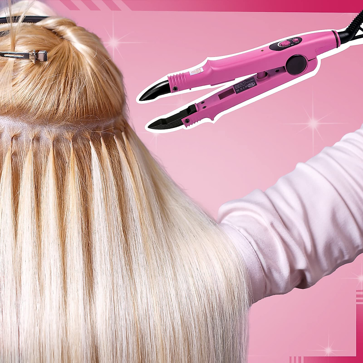 Fusion Heat Connector Wand with U Tip, 2 Bags of Keratin Glue Beads - Professional Hair Extensions Tool for C Head (Pink)