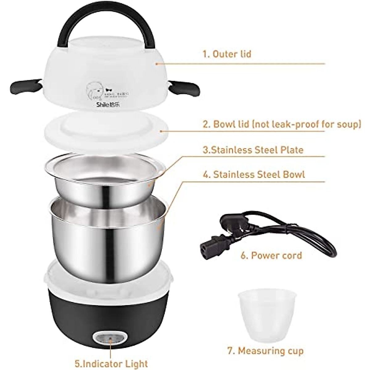 Thousanday Electric Lunch Box- 110V 200W Removable Stainless Steel Food Heating Rice Cooker - with Bowl, Plate, Measuring Cup (Black)