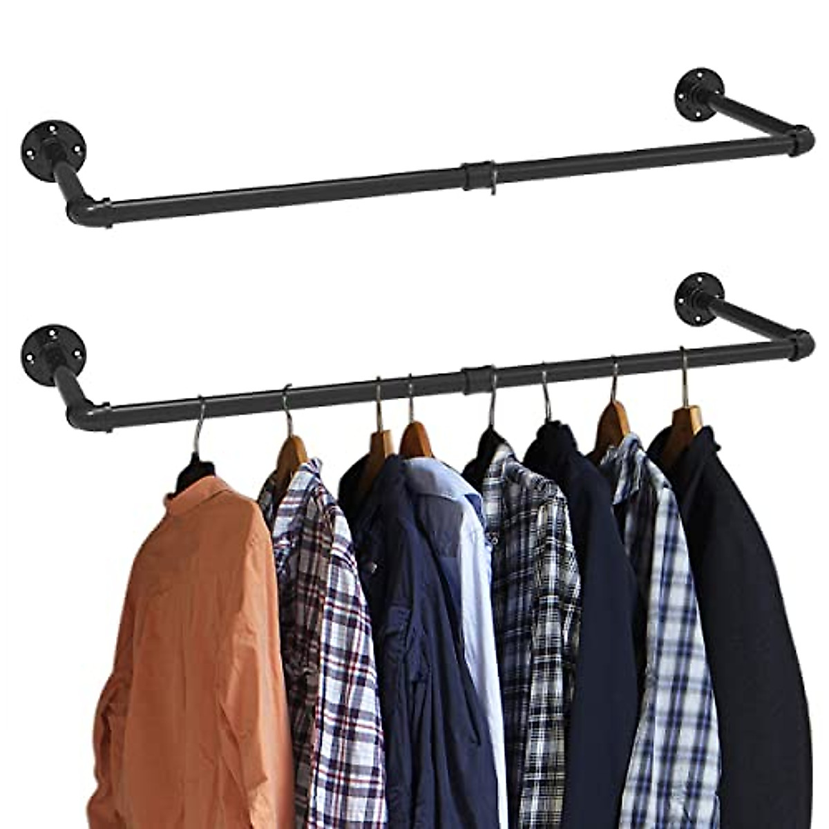 MY RUSTIC Industrial Pipe Clothing Rack, Rustic Pipe Hanging Rod for Closet Storage, Wall Mounted Multi Purpose Hanging Rod (Black, 38 Inch) (2P)