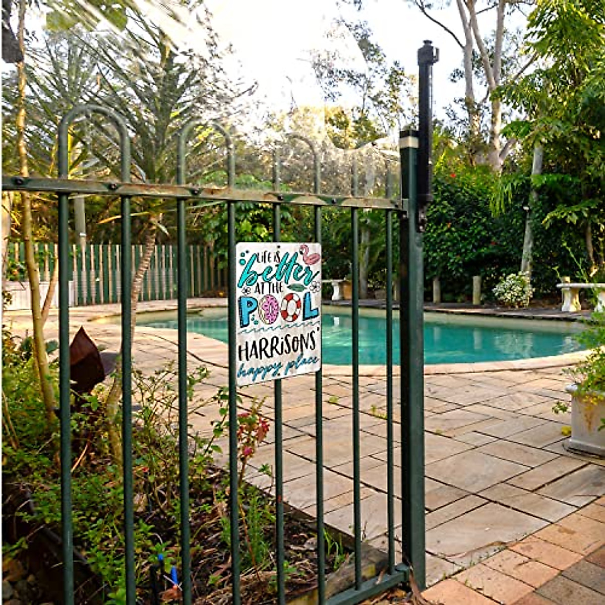 Personalized Pool Sign w/Name - Indoor/Outdoor Metal Sign for Garden, Patio, Hot Tub, Pool Deck | 7 Unique Designs | Customized Gifts for Swimming Pool Owners, Funny Backyard Decorations