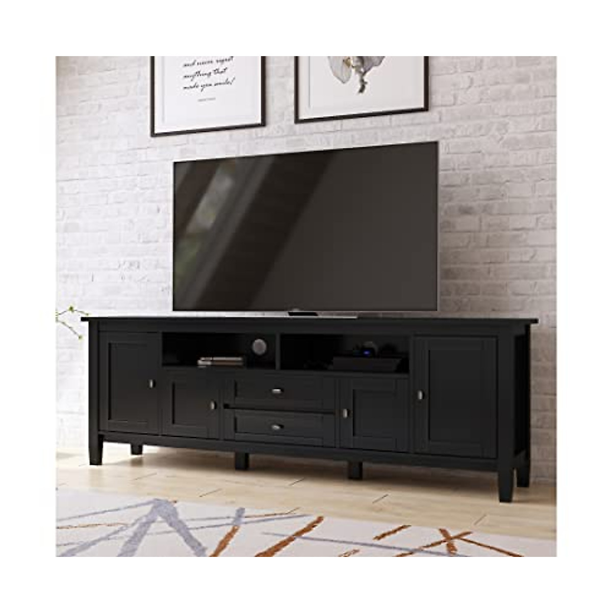 SIMPLIHOME Warm Shaker Style Solid Wood TV Media Stand, 72 inch Wide, Farmhouse Rustic, Living Room Entertainment Center, Storage Shelves and Cabinets, for Flat Screen TVs up to 80 inches in Black