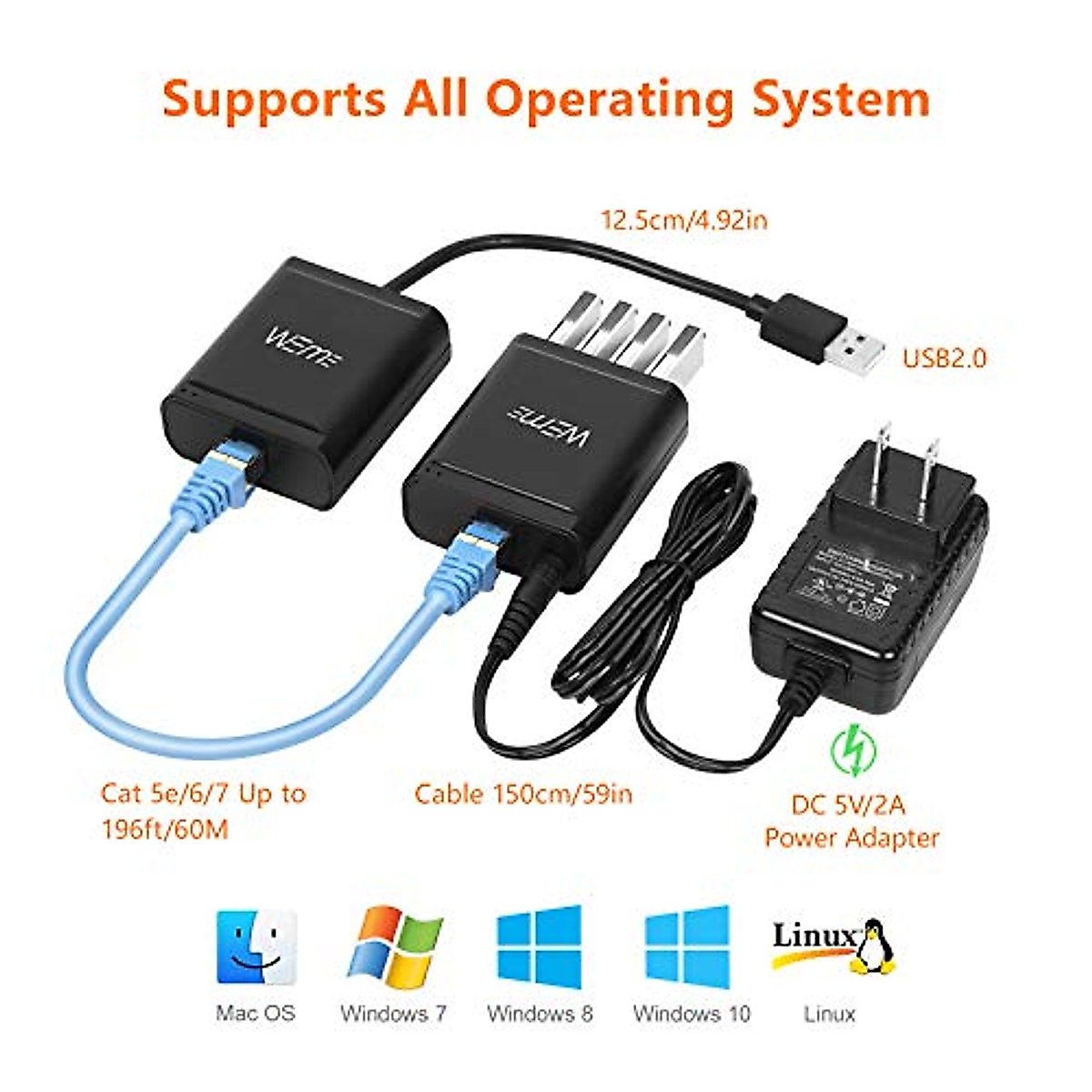WEme USB Extender, 4-Port USB 2.0 Ethernet Extender Hub Over Cat5/ Cat5e/ Cat6 Cable Connection up to 60Meters/196FT, RJ45 Lan Extension with Power Adapter for Logitech Webcam, Camera, Speakerphone