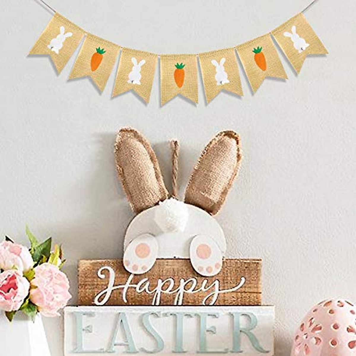 FAKTEEN Happy Easter Burlap Banner Decorations Rabbit & Carrot Hanging Bunting Garland for Spring Easter Party Décor Photo Booth Backdrop