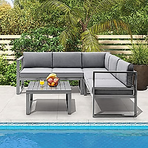 Tangkula 4 Pieces Aluminum Patio Furniture Set, Patiojoy All Weather Heavy Duty Cushioned Outdoor L Shaped Sofa Set for Poolside, Backyard, Deck, and Garden (Grey)