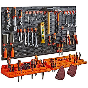 VonHaus 50 Piece Wall Mounted Plastic Pegboard and Shelf Tool Organizer - DIY Garage Storage Wall Mount System with Rack and 50 Assorted Hook Accessories - Tool, Parts and Craft Organizer