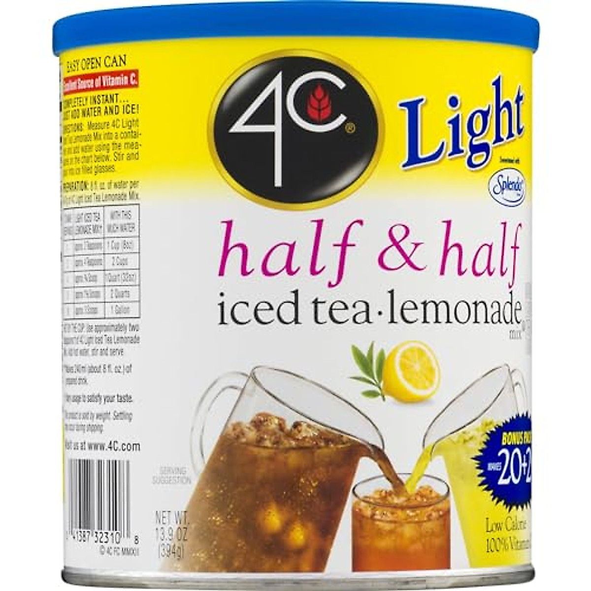 4C Light Powdered Drink Mix Cannisters, Zero Sugar Half & Half, 22 Quarts, Family Sized Cannister, Low Calorie, Thirst Quenching Flavors (Light Half & Half, 13.9 Ounce (Pack of 2))