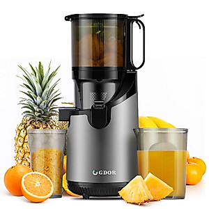 GDOR Cold Press Masticating Juicer Machines, Self Feeding Slow Pure Juicer, 5.3" Extra Feed Chute Fit Whole Vegetable and Fruit, Grey