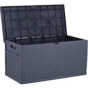 OVASTLKUY Large Deck Box, 120 Gallon Patio Garden Furniture Resin Indoor/Outdoor Storage Container and Seat for Patio Cushions (Grey)