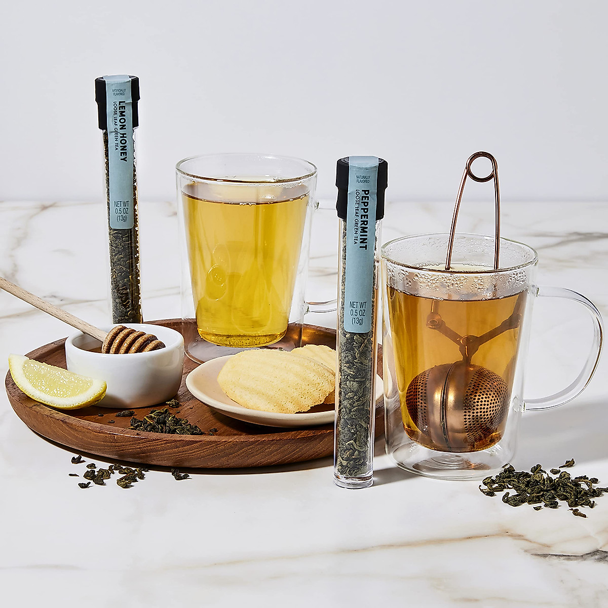 Thoughtfully Gourmet, Tea Therapy Infusion Gift Set, 7 Unique Flavors and Reusable Copper Ball Infuser, Loose Leaf Tea Set Flavors Include Peppermint, Jasmine, Vanilla Chai and More, Set of 7