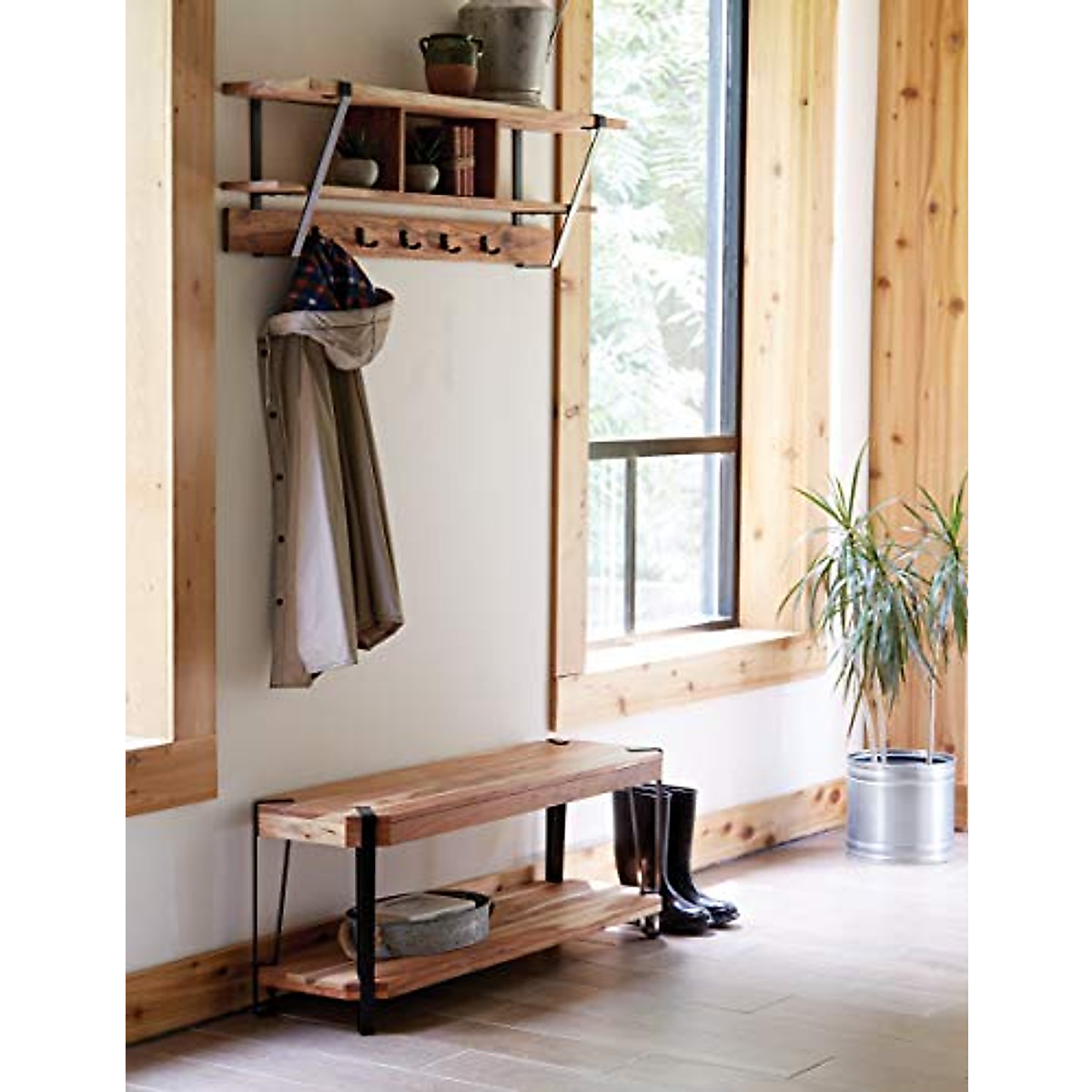 Alaterre Furniture Ryegate Solid Wood with Metal Storage, Natural Coat Hooks
