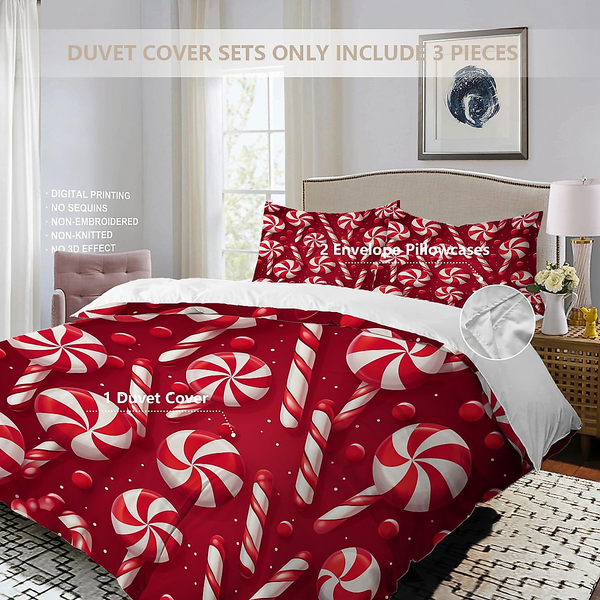 BaoNews Candy Cane Candle Duvet Cover Set Full Size,3 Pieces Winter Red Christmas Candy Bedding Set Hotel Quality 100% Cotton Comforter Cover Set with 2 Pillowcases(No Filler)