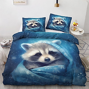 zcwl Raccoon Duvet Cover King Size | Cute Animal Bedding Set | 3 Piece | Soft Microfiber Patterned Comforter Cover with Zipper Ties & 2 Pillowcases | Raccoon Bedroom Decor