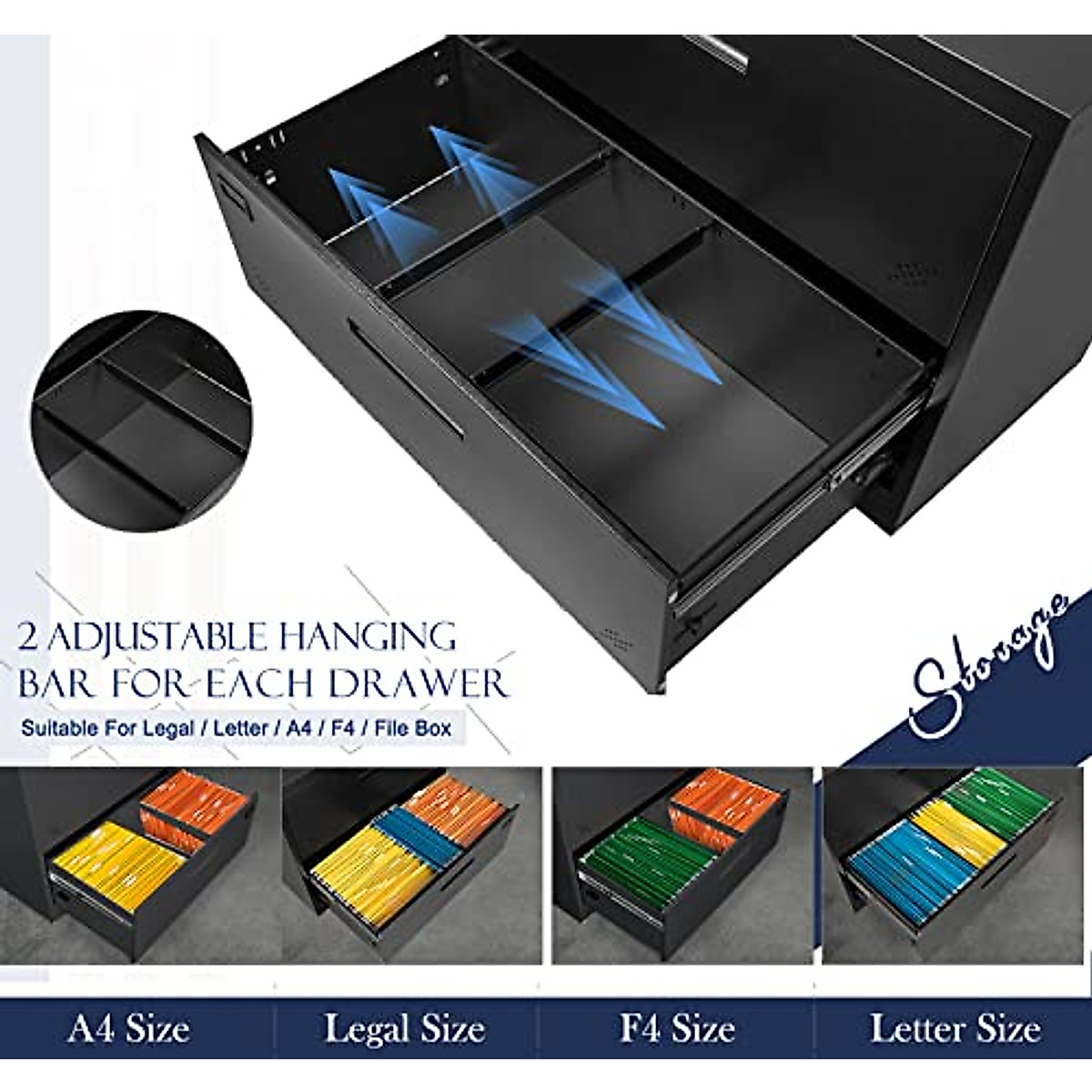 2 Drawer Lateral File Cabinet for Home Office, Filing Cabinets with Lock, Solid Stainless Steel Metal Storage Cabinet for Hanging Legal/Letter/F4/A4 Size Files, Assembly Required (Black)