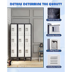 KAER 3 Doors Metal Locker,Lockable Storage Cabinet,Metal Lockers for Employees,Locker for School, Gym, Home, Office, Garage Storage Cabinet with Mirror Hook and Assembly Tool (Off-White, Unassembled)