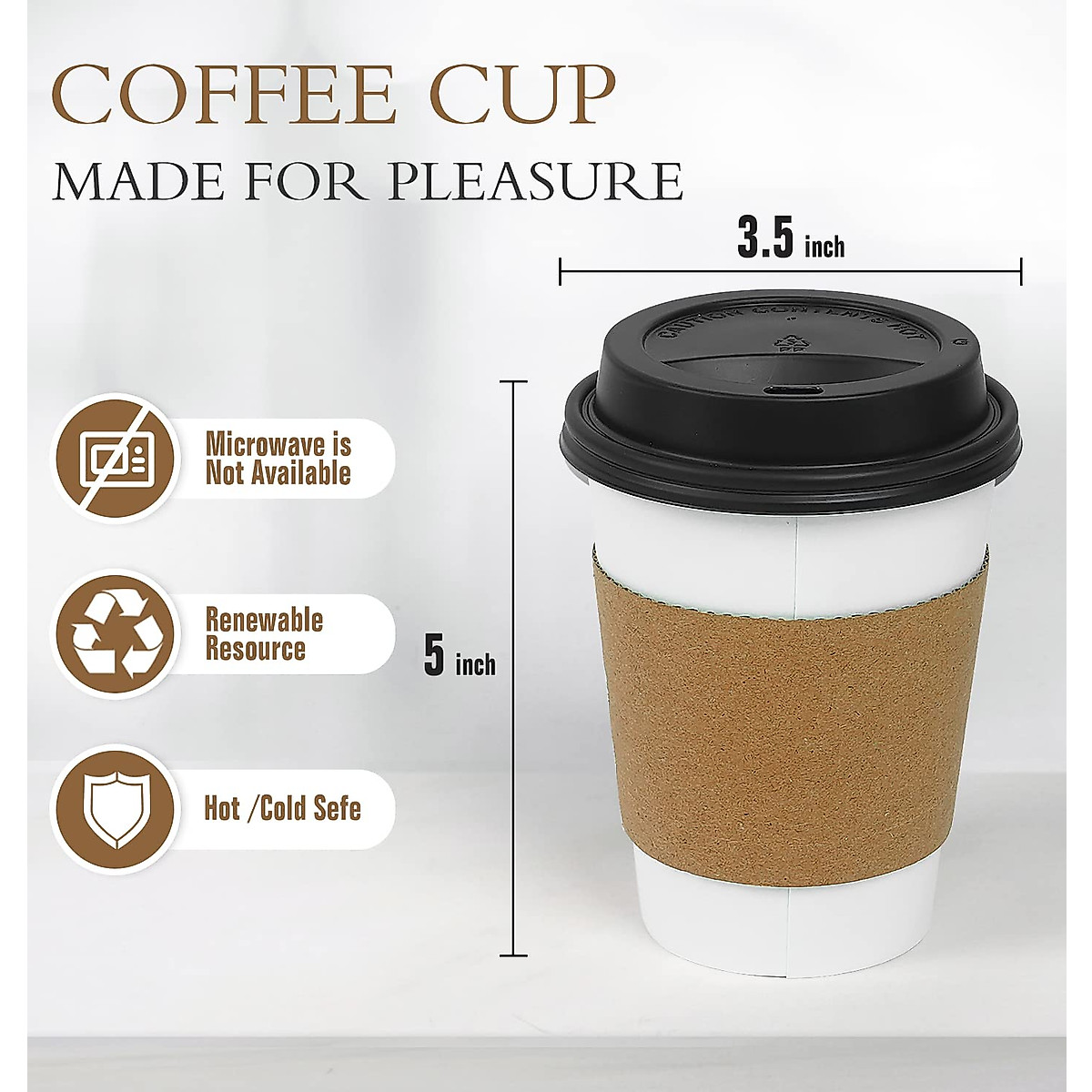 Ginkgo [100 Pack 12 oz Disposable Thickened Paper Coffee Cups with Lids and Sleeves, To Go Hot Coffee Cups for Home, Office, Wedding and Cafes