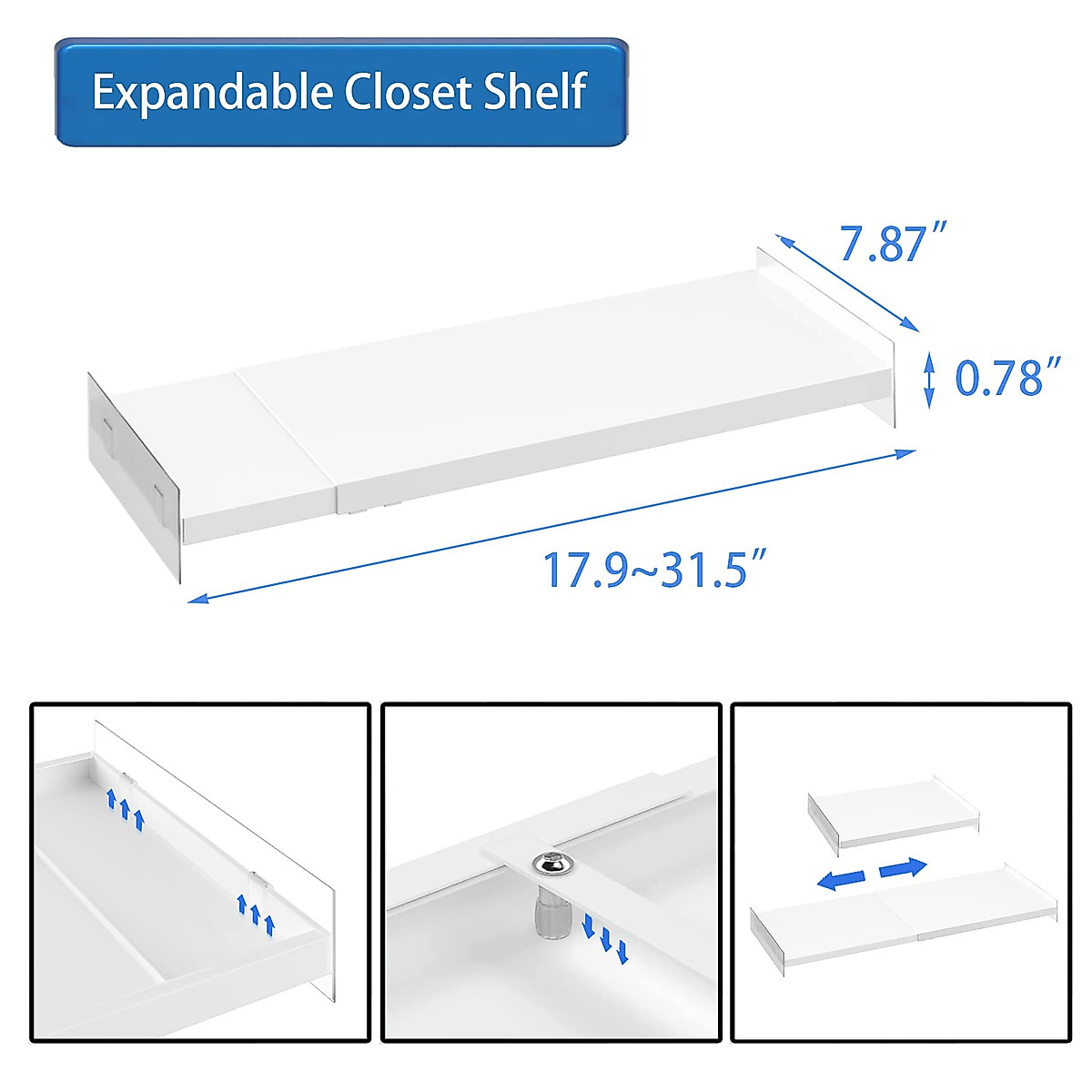 Redrubbit Adhesive Expandable Closet Shelf Organizers, No Drilling Heavy-Duty Metal Divider Separator for Kitchen Cabinet Wardrobe Cupboard Kitchen Bathroom Laundry Room，7.87"Width-2 pack