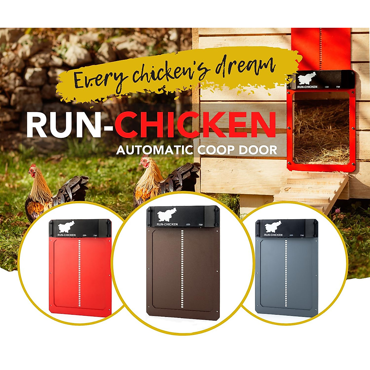 RUN-CHICKEN Automatic Chicken Coop Door Opener with Timer, Programmable Light Sensor, Battery Powered, Delay Options, Aluminum, Model T50, (USA Special)