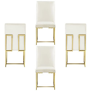 AZhome White Faux Leather Dining Chairs, Upholstered Dining Room Chairs Set of 4, Polished Gold Stainless Steel Legs