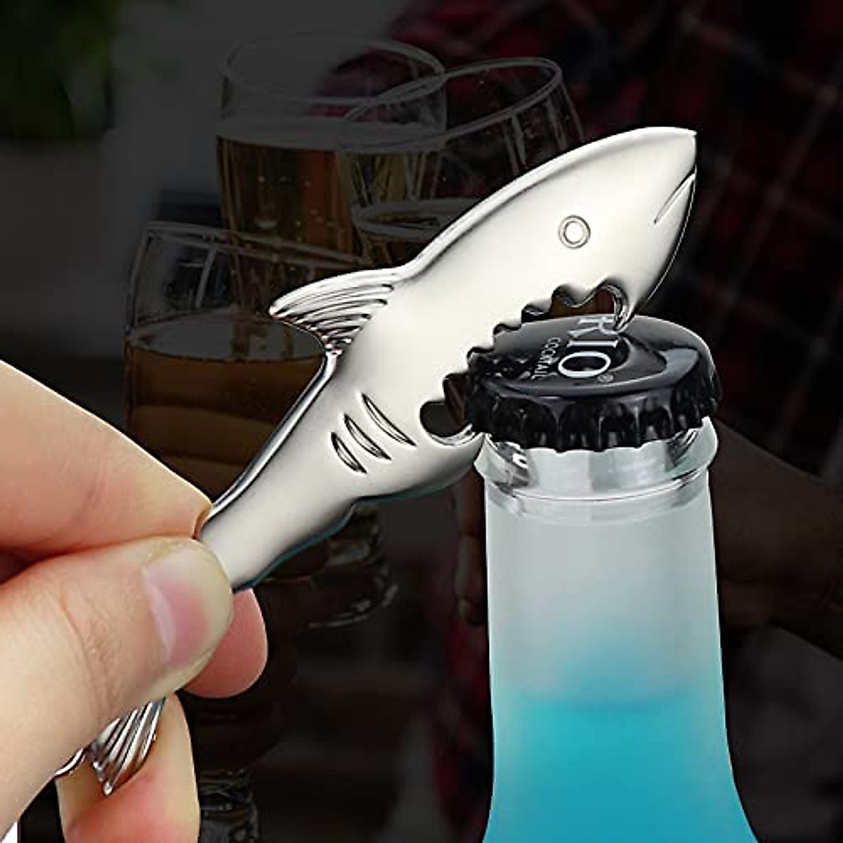 ARFUKA Bottle Opener Keychain Shark Shaped Soda Beer Bottle Opener Keyring Beverage Bottle Opener Key Ring, Women Men Gift for Christmas and Birthday Silver
