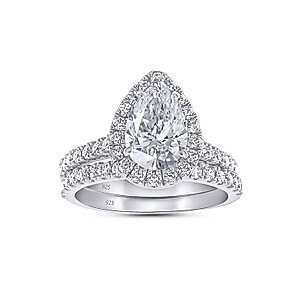 Wishrocks 2CT 925 Sterling Silver White Gold Plated Wedding Band Teardrop Bridal Ring Set Halo Moissanite Diamond Solitaire Promise Engagement Ring for Women (, Clarity-VVS1)