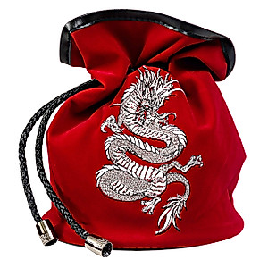 Large Dice Bag with 7 Complete Dice Sets | Dragon DND Dice Bag and 49 Polyhedral Dice | Red Dice Bag with Pockets