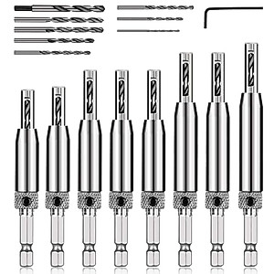 VTOSEN 17pcs Self Centering Drill Bit Set, High Speed Steel Hinge Tapper Core Drill Bit Set with 1 Hex Key & 8 Drill Bits 5/64-1/4”, Adjustable Door Drill Bits for Woodworking Window Door Hinge