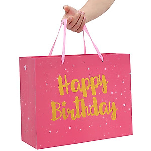 13" Large Pink Gift Bag Set with Greeting Card and Tissue Papers (Stars and Gold Foil ‘Happy Birthday’) for Women's Party, Girls' or Kids' Birthday Parties, Baby Girl, Baby Shower - 13”x5.2”x10.2”, 1 Pcs.