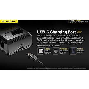 Nitecore Ci2 2 Bay Universal Battery Charger Support 16340 14500 18650 21700 Lithium Ion AA AAA Ni-MH Ni-CD, USB-C QC PD with Lumentac Battery Organizer