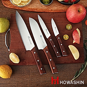 Howashin 4Pcs Chef Knife Set,Germen High Carbon Stainless Steel Kitchen Knife Set,Professional Knife Set Natural Wood Full Handle Tang With Gife-Box