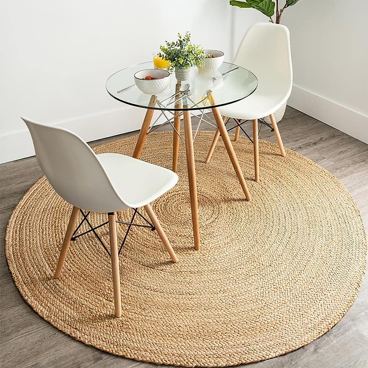 GRUHUM Handwoven 6ft Jute Area Rug Natural Fiber Round Boho Farmhouse Rustic Vintage Soft Braided Reversible EcoFriendly Rugs for Indoor EcoFriendly Kitchen Bedroom Living Room Hallways (6' ft Round)