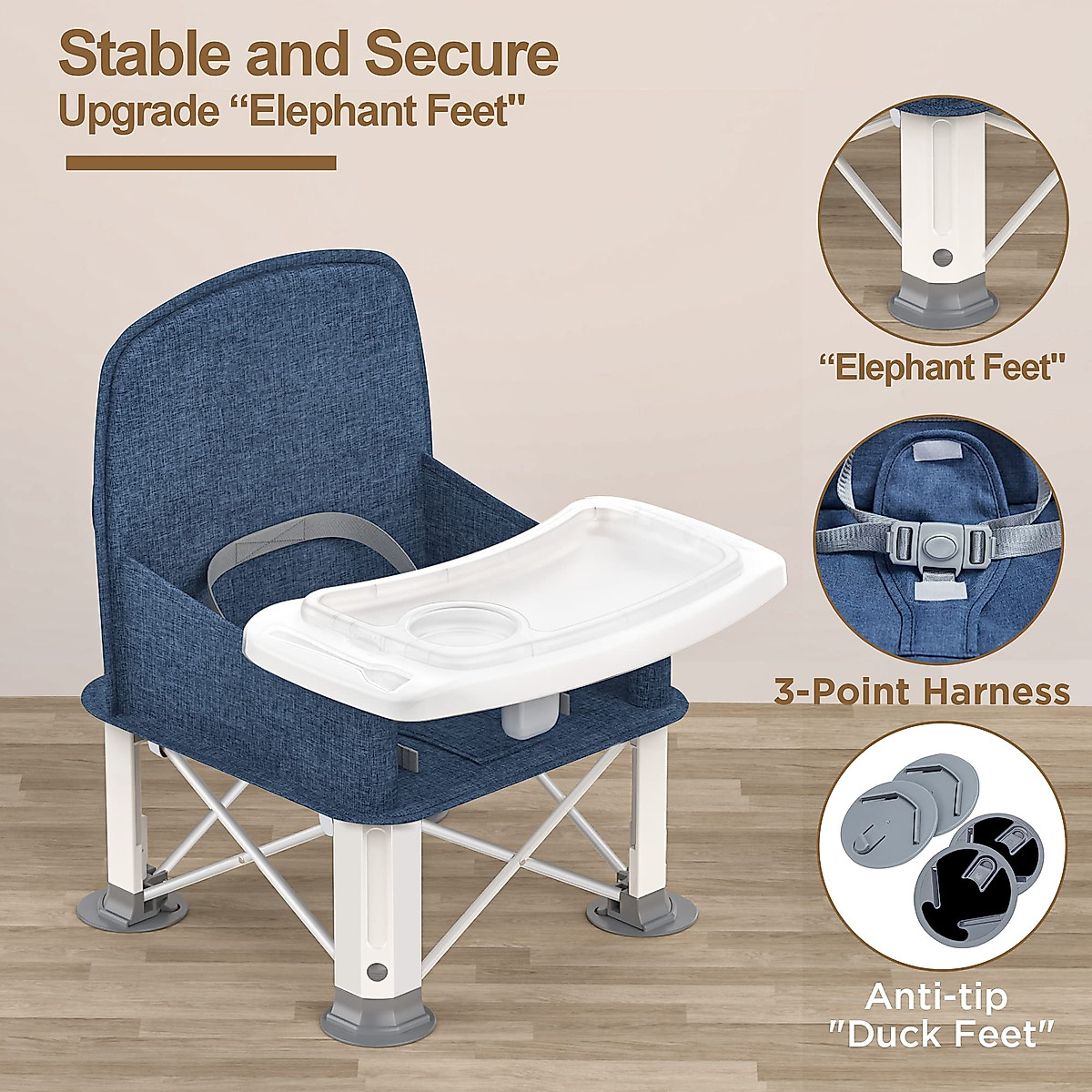 Baby Travel Booster Seat with Double Tray, BabyBond Upgraded Toddler Portable Baby Chair, Booster Seat for Dining Table, Stable and Foldable Booster Baby Chair for Indoor/Outdoor use (Denim Blue)