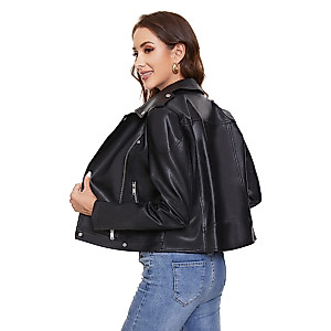 Fahsyee Women's Faux Leather Jackets, Zip Up Motorcycle Short PU Moto Biker Outwear Fitted Slim Coat Black Size L